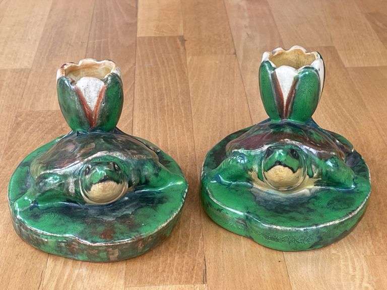 Weller Turtle Candlestick Pair – 3.5" H x 5" W – Unmarked - Auction Ohio