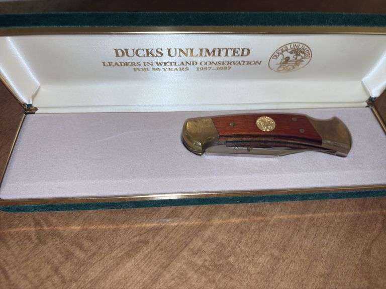 Ducks Unlimited Wood and Brass Folding Knife with Etched Blade ...