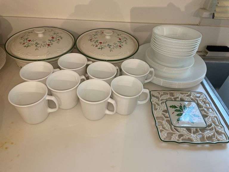 Pfaltzgraff “Holly Berry” Servers & Corelle White Dishware - Auction Ohio