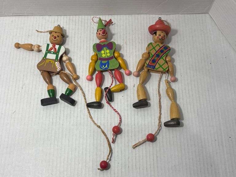 Vintage 3 wooden pull String Puppets - Auction Ohio