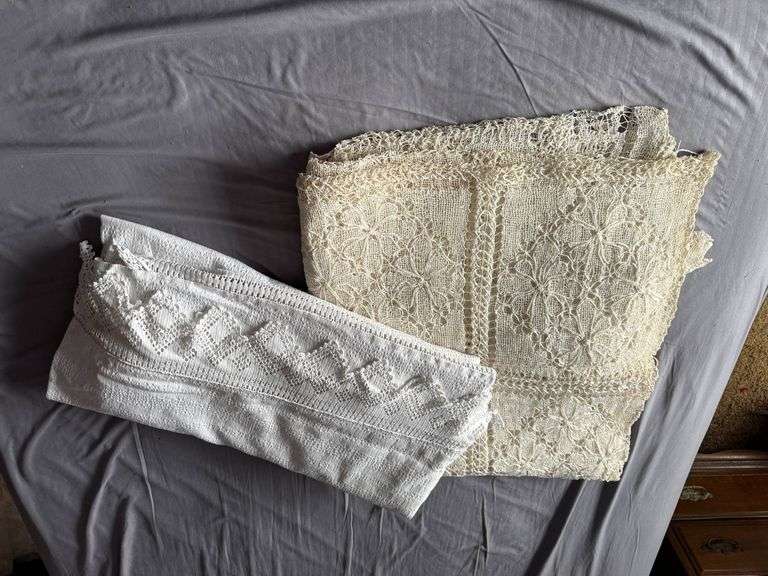 Collection of Two Hand-Crocheted Textile Pieces in White and Beige ...