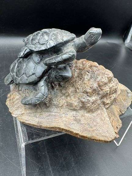 Carved Stone Sculpture of Two Sea Turtles on Rock Base - Auction Ohio