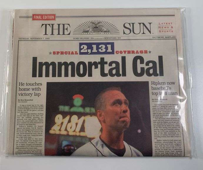 September 7th, 1995 The Sun Baltimore Newspaper Cal Ripken 2,131 Game ...