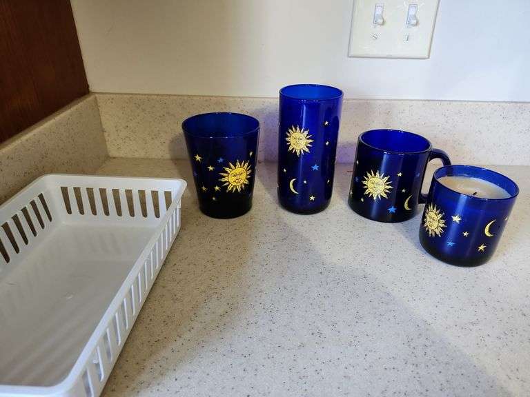 3 Libbey Cups & Candle Celestial Cobalt Blue W/Small Plastic Basket ...
