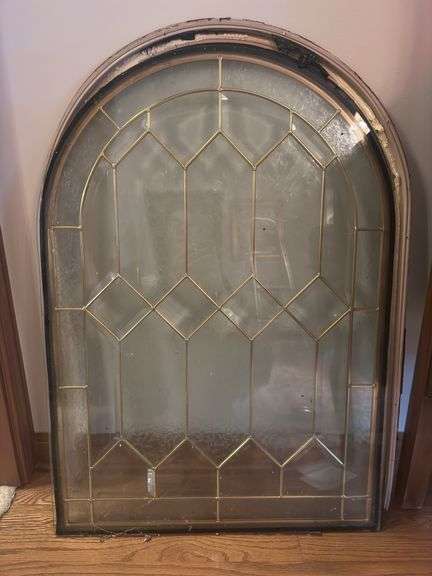 Arched, etched glass window with brass caming - Auction Ohio