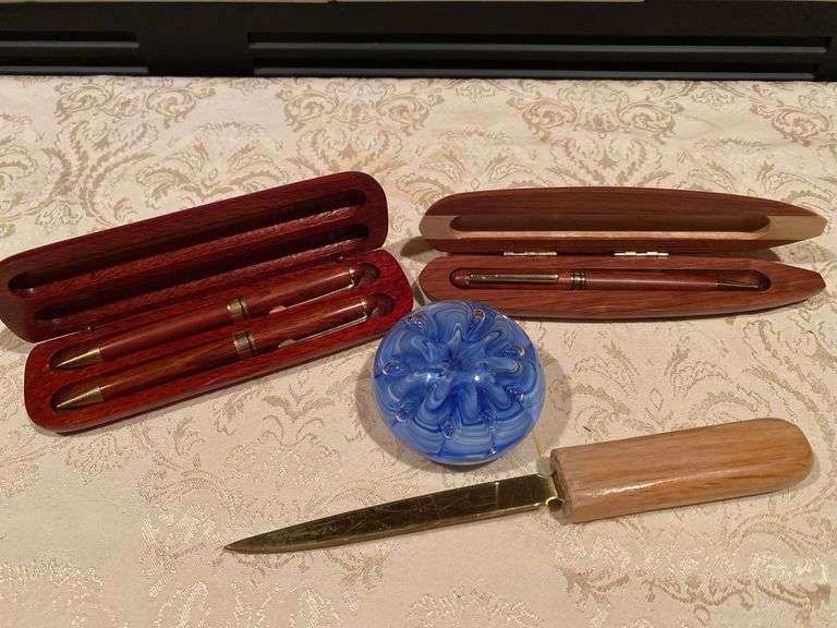 Joe Rice Art Glass Paperweight - Wood Pens - Gold Letter Opener ...