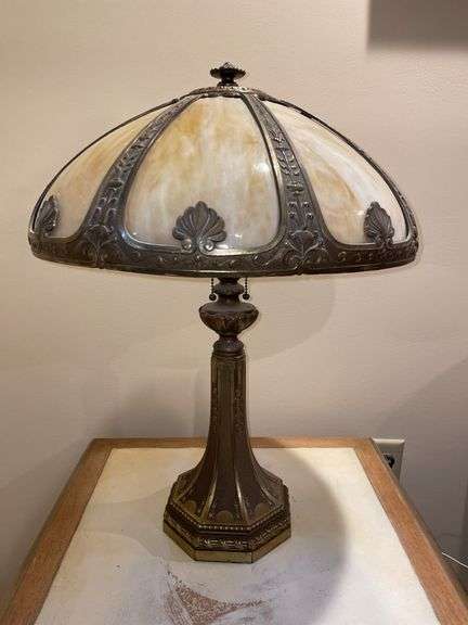 Antique Brass & Slag Glass Table Lamp – 8-Panel – 25"H x 18" Shade ...