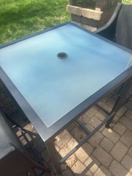 Bar height outdoor table w/ two stools - Auction Ohio