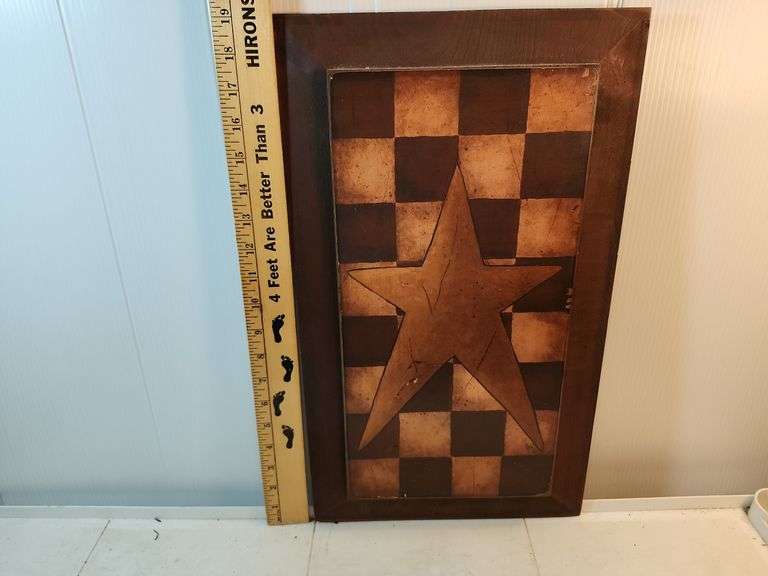 David Folk Art Checkerboard Star Print On Wood 11"X 19" - Auction Ohio