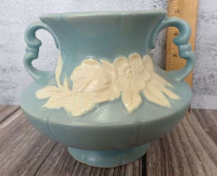 Weller Pottery Blue Cameo Rose 2 handled Vase 1930s - Auction Ohio