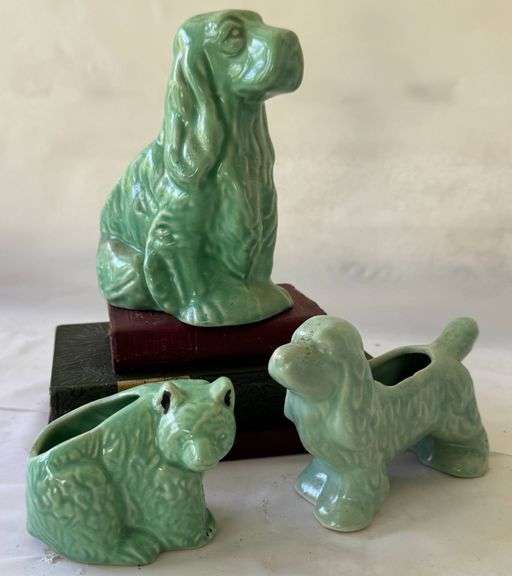 Three Green Glazed Ceramic Dog Figurines with Planter Details - Auction ...