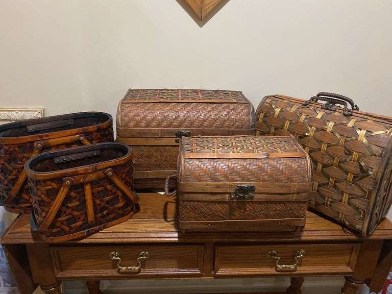 Vintage and newer woven rattan baskets and cases - total of five ...