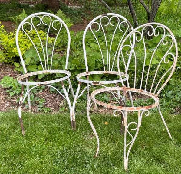 Three White Iron Garden Chairs/Plant Stands With Decorative Scroll ...