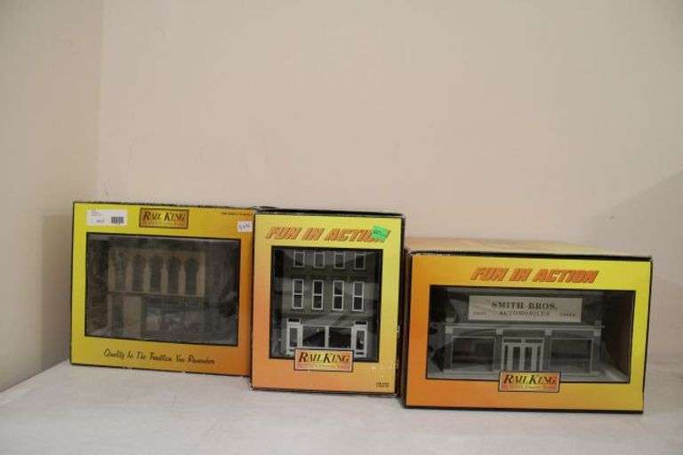 Three MTH RailKing Model Buildings: Auto Dealership, Pawn Shop, and ...