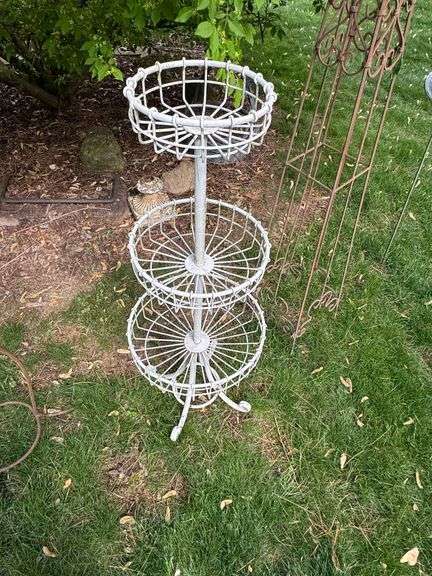 Tall Three-Tier Metal Wire Plant Stand with Decorative Design - Auction ...
