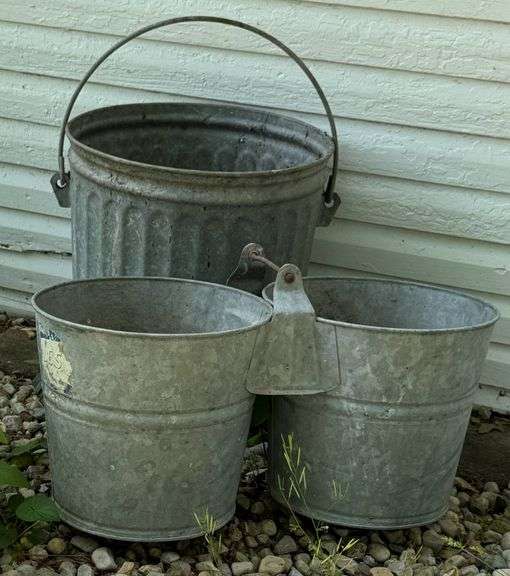 Three Galvanized Metal Buckets with Original Aged Patina - Auction Ohio