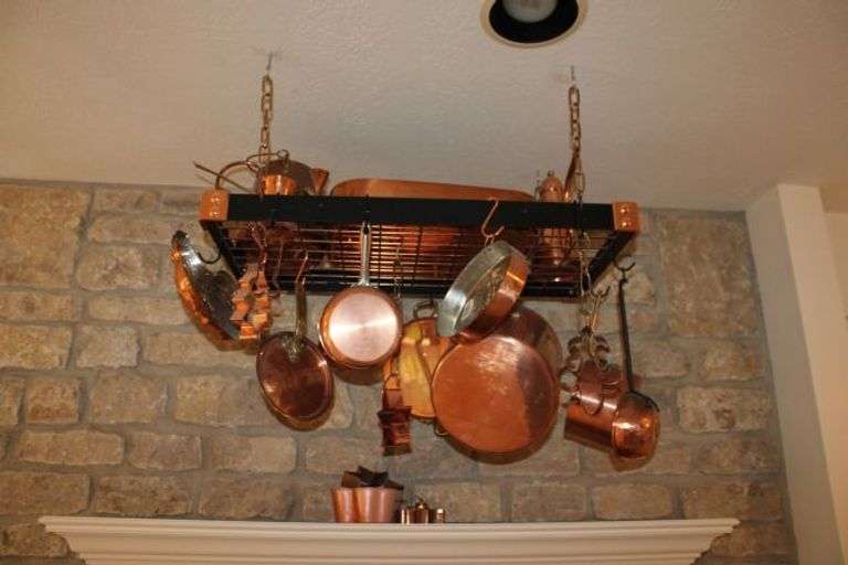 Copper and Metal Pot Rack with Utensils and Accessories - Auction Ohio