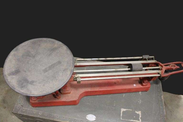 Cast Iron Vintage Red Balance Scale with Counterweights - Auction Ohio