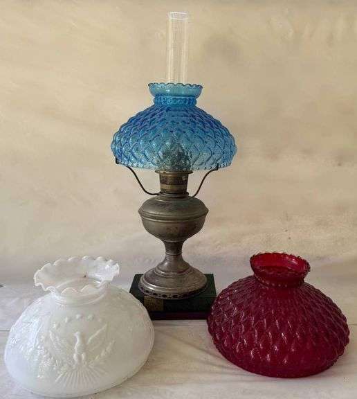 Aladdin Model B Oil Lamp with Glass Chimney and Three Shades - Auction Ohio