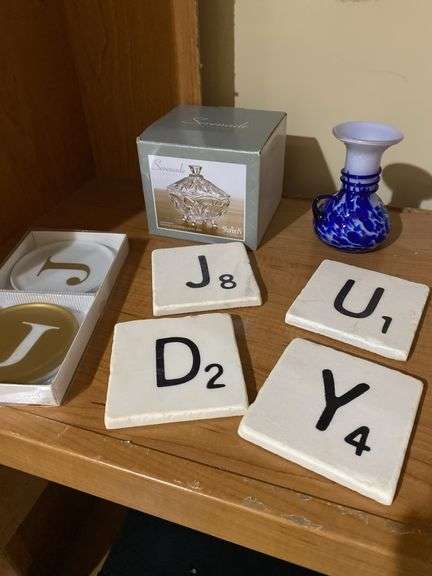 Judy and letter J coasters - crystal candy dish - cobalt vase - Auction ...