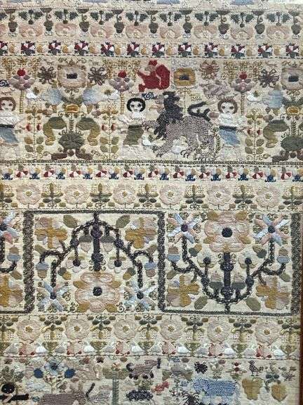 Framed Needlework Sampler with Floral and Animal Motif - Auction Ohio