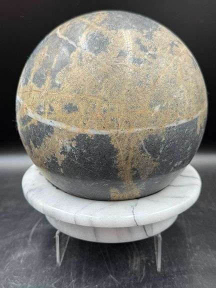 Polished Black and Gold Stone Sphere with Marble Display Stand ...