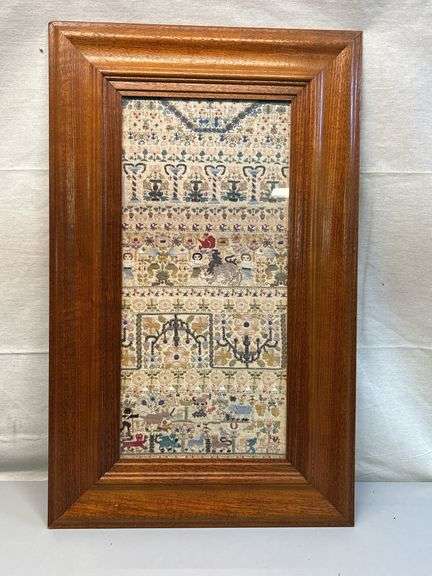Framed Needlework Sampler with Floral and Animal Motif - Auction Ohio