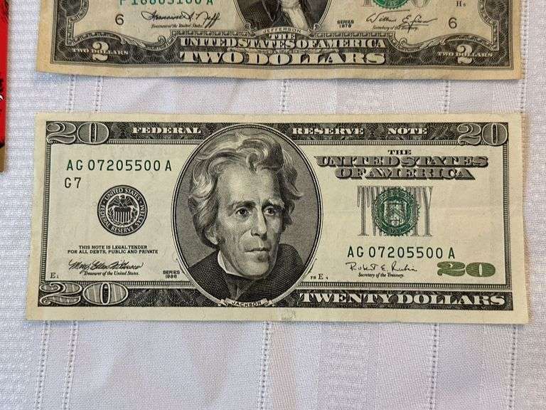 Paper bills including uncirculated $20 bill and Philly mint set ...