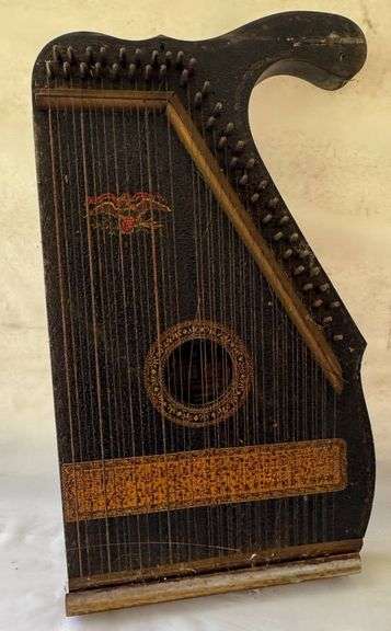 Vintage Black Lap Harp with Ornamental Design - Auction Ohio