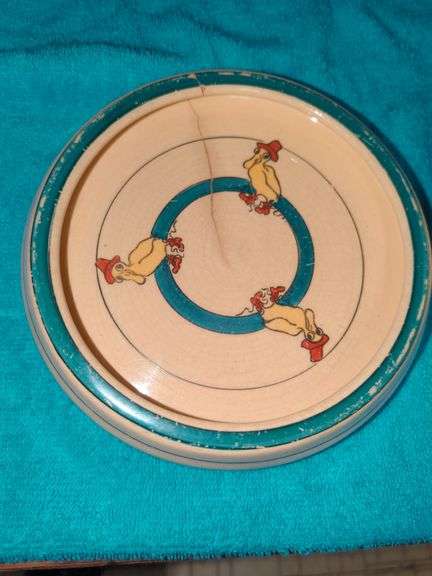 1930's Roseville Pottery Baby Plate Yellow Ducks Teal Green Stripe ...