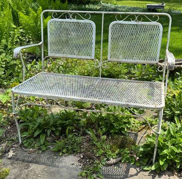 Vintage White Wrought Iron Outdoor Bench With Mesh Design - Auction Ohio