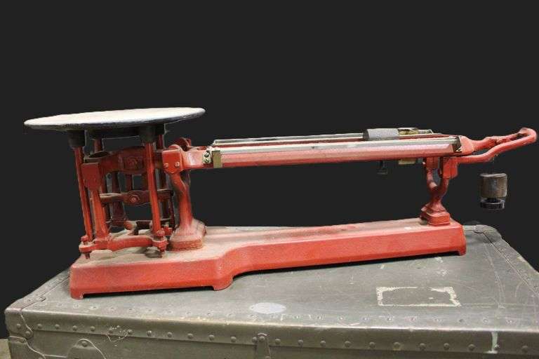 Cast Iron Vintage Red Balance Scale with Counterweights - Auction Ohio