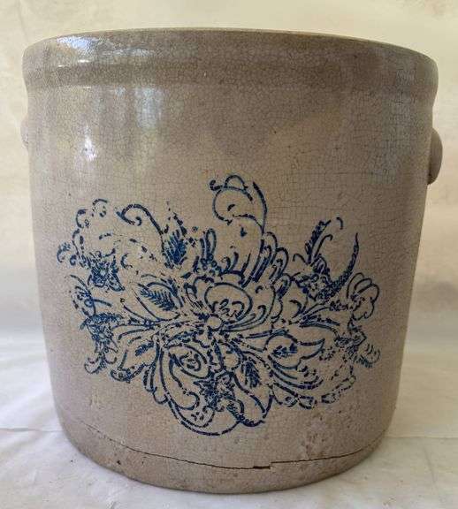 Stoneware Crock with Blue Floral Design and Handles - Auction Ohio