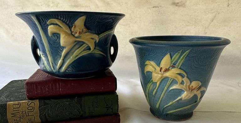 Blue Pottery Planters with Floral Design - Auction Ohio