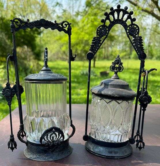 Ornate Cast Iron and Pressed Glass Victorian-Style Pickle Casters ...