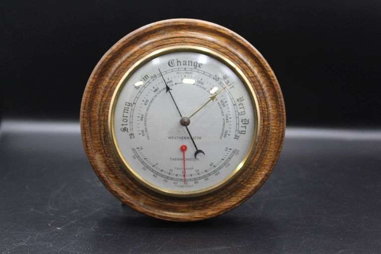 Round Wooden Wall-Mounted Barometer with Brass and Glass Accents ...