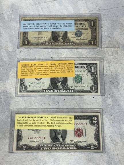 Three Collectible U.S. Notes: Silver Certificate, Barr Note, and Red ...