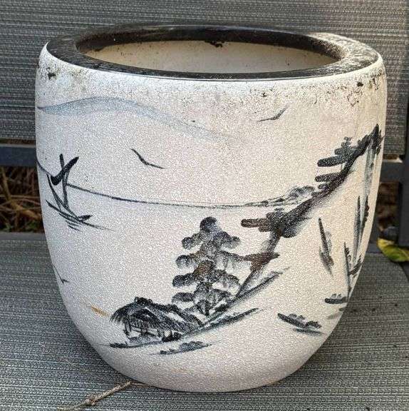 White Ceramic Planter with Hand-Painted Landscape Design - Auction Ohio