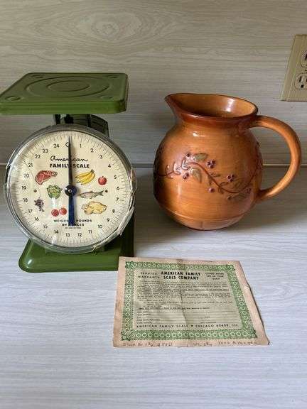 American Family Scale (plastic cracked) & Pitcher - Auction Ohio