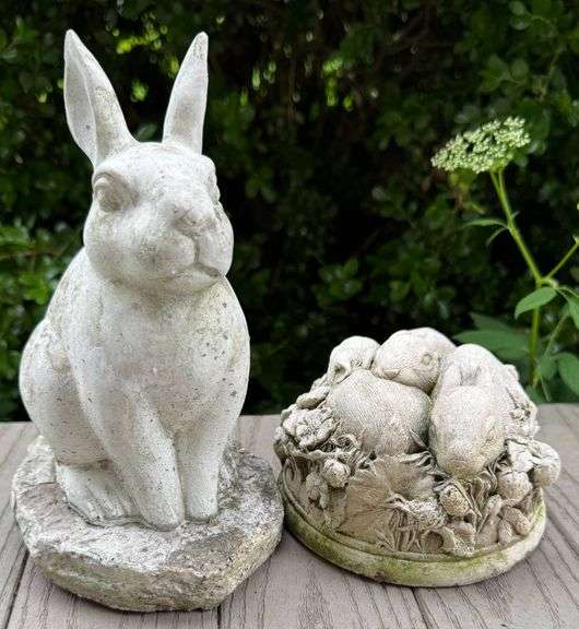 Two Weathered Rabbit Sculptures for Outdoor Décor - Auction Ohio