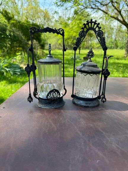 Ornate Cast Iron and Pressed Glass Victorian-Style Pickle Casters ...