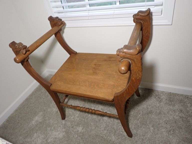 Victorian Style Oak Dragon Head Bustle Chair - Auction Ohio
