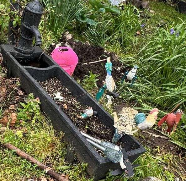 Garden Decor Lot with Pump-Style Planter and Assorted Ornaments ...
