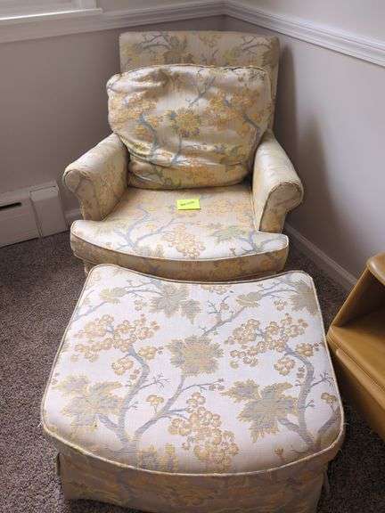 Brocade Upholstered Arm Chair and Ottoman - Auction Ohio