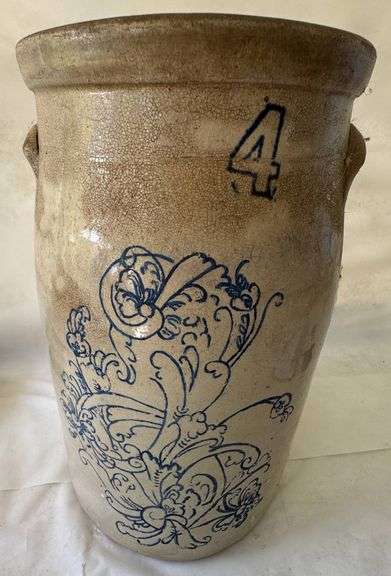Stoneware Crock with Blue Floral Design and Number ‘4’ - Auction Ohio