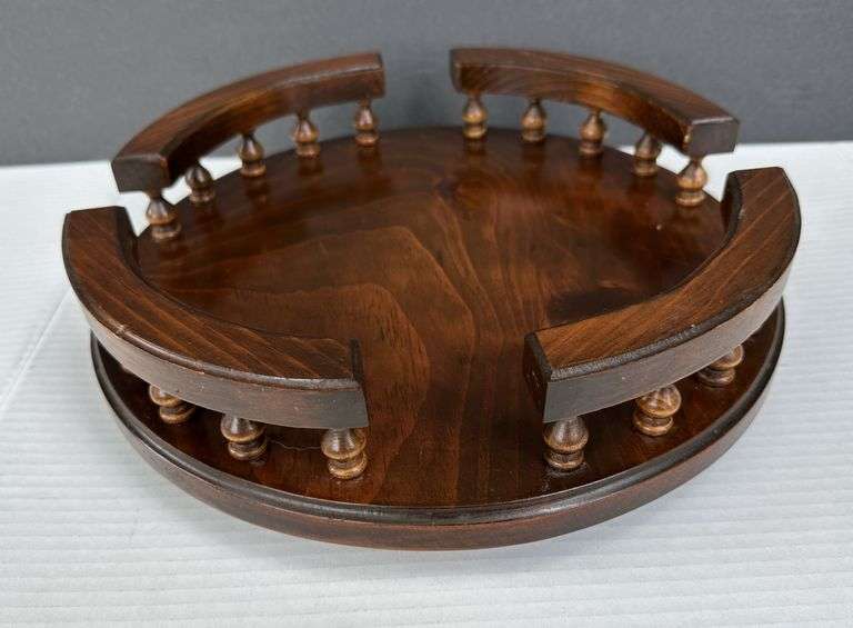 Mid Century Table Top 12.5" Wood Condiment Lazy Susan w/ Rails - Auction Ohio