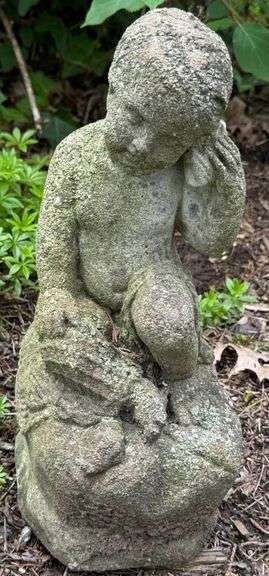 Weathered Stone Garden Statue of a Child with Shell - Auction Ohio