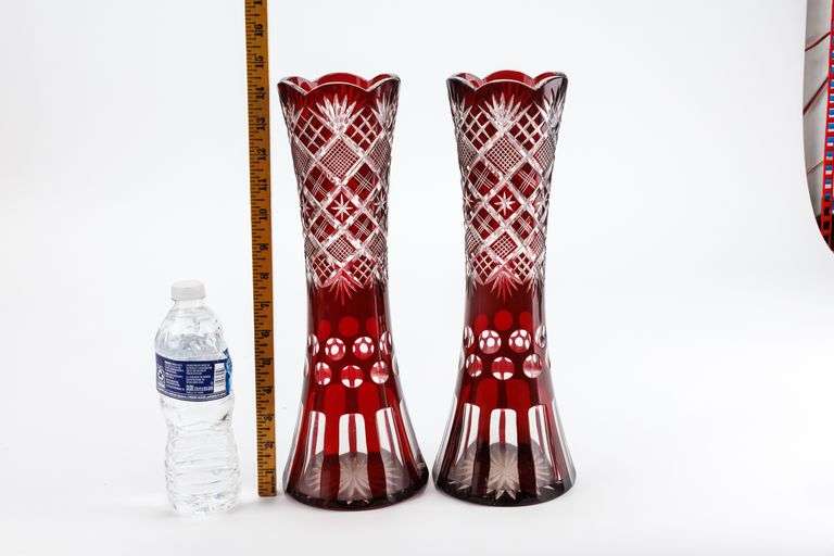 Pair of Beautiful Cut Glass Ruby Vases - Auction Ohio