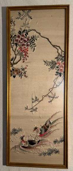 Chinese Silk Embroidery Art with Birds and Flowers in Gold Frame ...