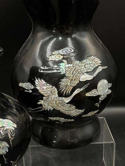Pair of Black Lacquered Vases with Mother-of-Pearl Inlay Featuring ...